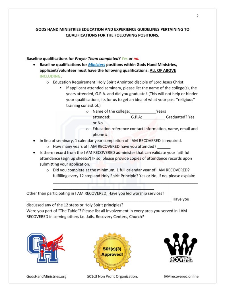GOD’S HAND MINISTRIES POSITION REQUIREMENTS, EDUCATION AND ...